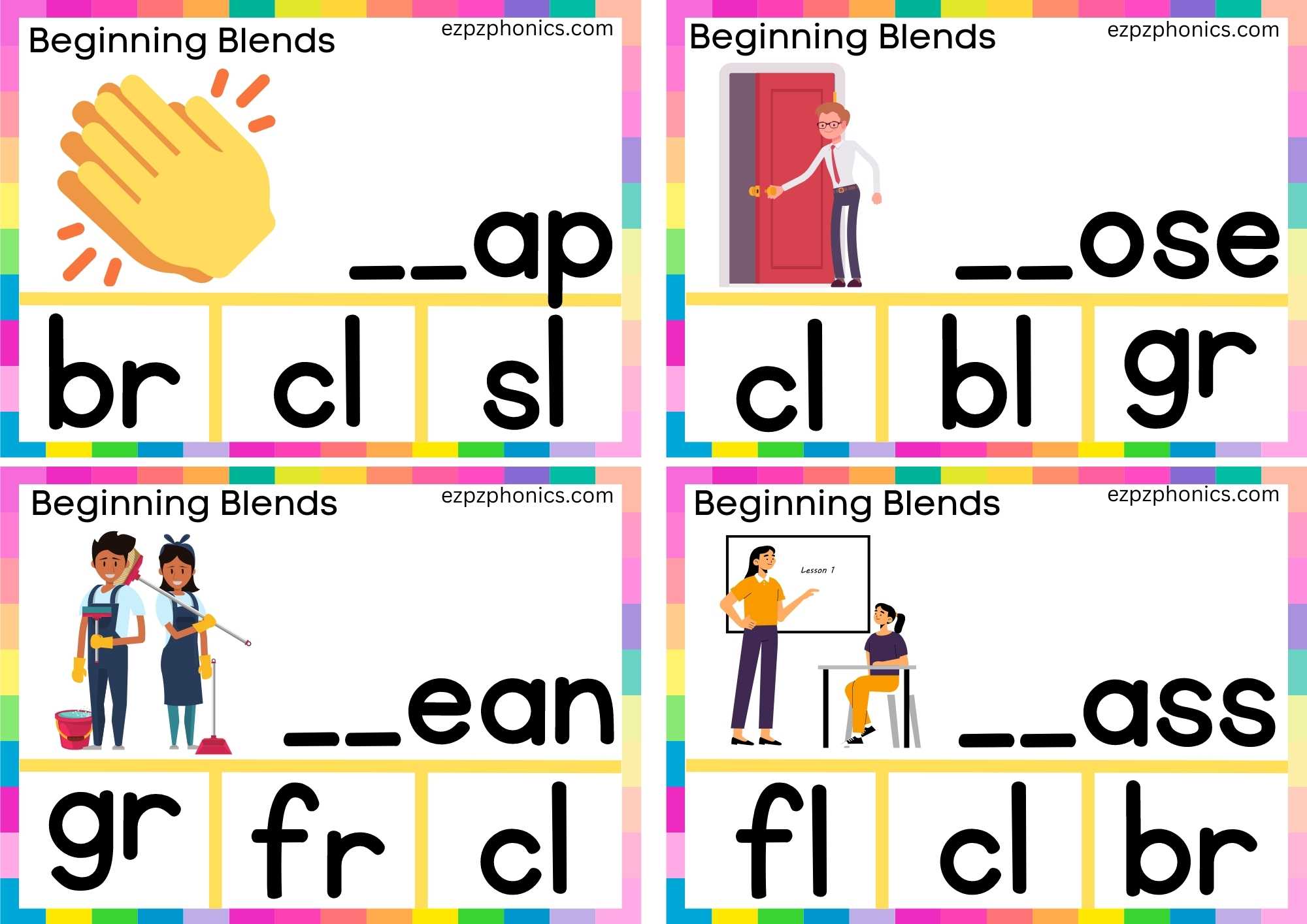 CL Beginning Blends Clip Cards Finish The Words And Clip The Correct Letters Set 1 - ezpzphonics.com